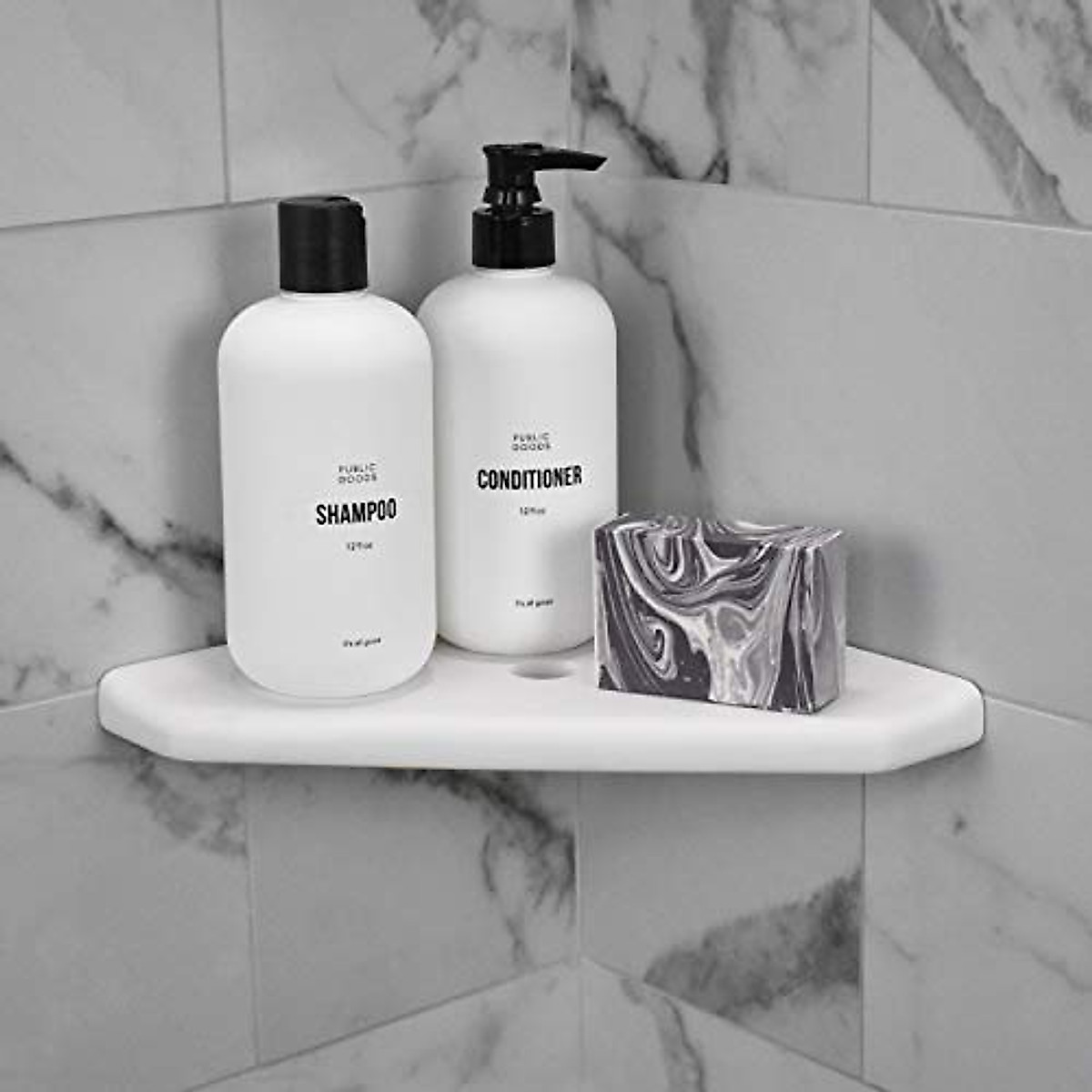 Questech Décor 8 Inch Corner Shower Shelf and 5 Inch Shower Caddy Foot Rest, Geo Flatback Wall Mounted Bathroom Shower Organizer, Bright White Matte