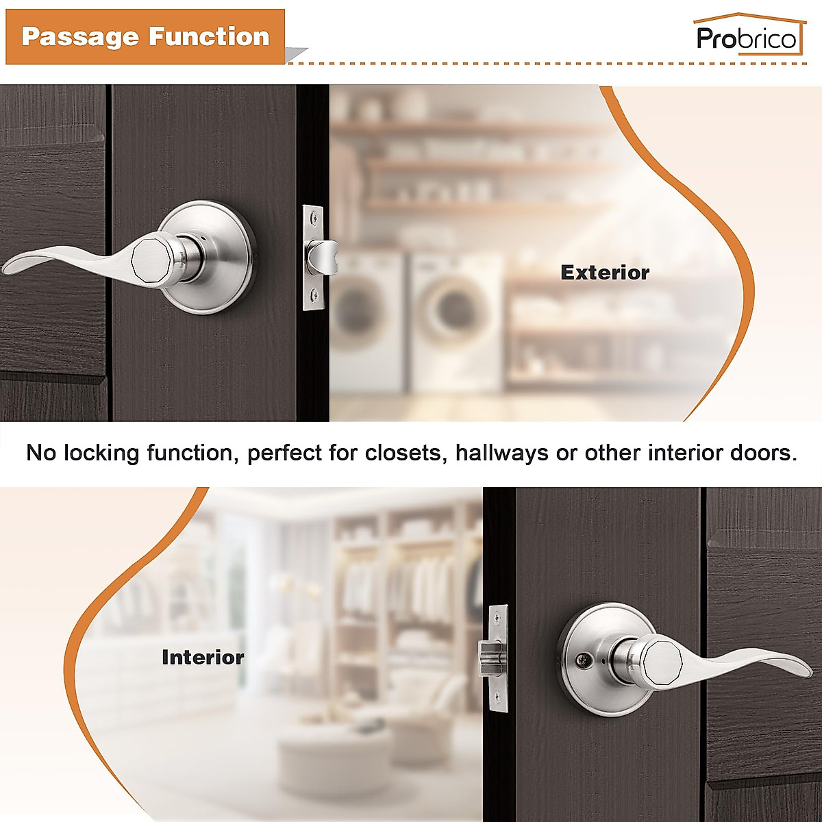 Probrico Wave Style Passage Door Levers Hall Closet Handles Keyless Interior Door Leversets in Satin Nickel, 10Pack