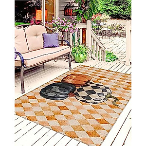 Thanksgiving Fall Outdoor Rug for Patio/Deck/Porch, Non-Slip Large Area Rug 6x9 Ft, Orange Black Pumpkin Fall Orange Plaid Indoor Outdoor Rugs Washable Area Rugs, Reversible Camping Rug Carpet Runner