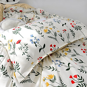 DECOVOGUE Red Yellow Floral Pattern Duvet Cover Set, Green Leaves Printed Decor Microfiber Soft for Kids Girls Boys Girls Man Women, Nature Botanical Comforter Sheets and Pillow Cases (Twin)