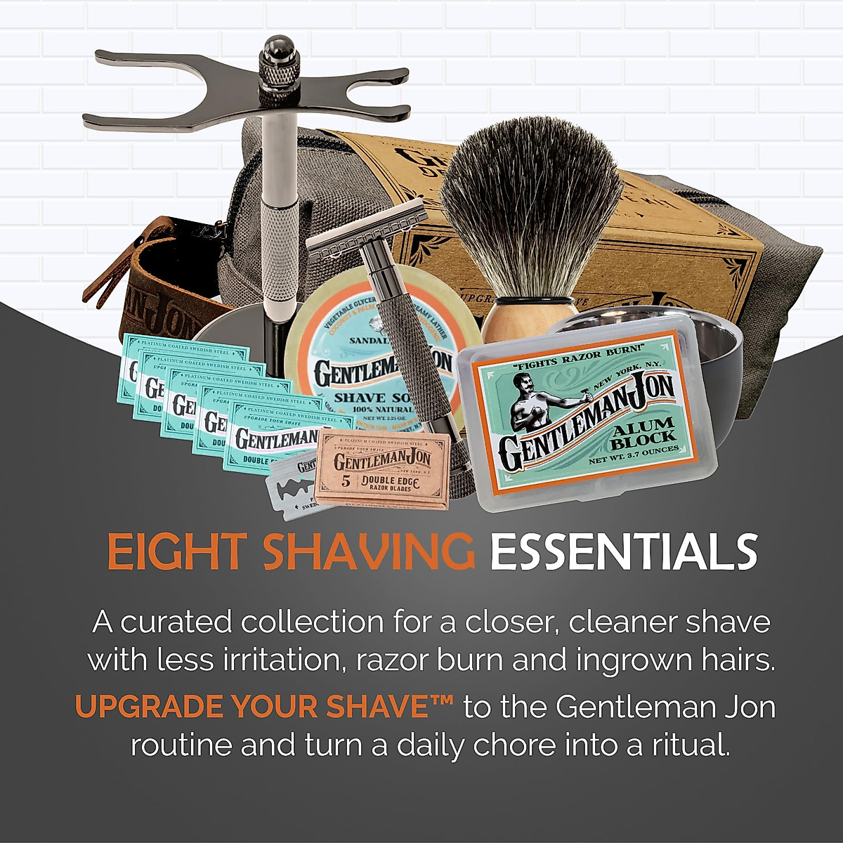 Gentleman Jon Deluxe Vintage Wet Shave Grooming Set for Men - Safety Razor, Brush, Alum Block, Soap, Bowl, Blades, Stand & Dopp Kit