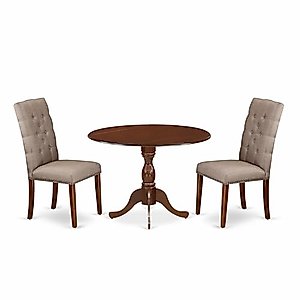 East West Furniture DMEL3-MAH-16 3 Piece Kitchen Table Set Contains a Round Dining Room Table with Dropleaf and 2 Dark Khaki Linen Fabric Upholstered Chairs, 42x42 Inch, Mahogany