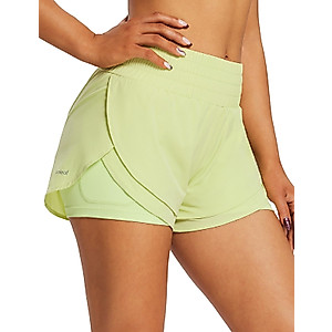 BALEAF Women's Workout Running Shorts 2 in 1 Spandex High Waisted 3" Athletic Shorts with Liner Pockets Green M