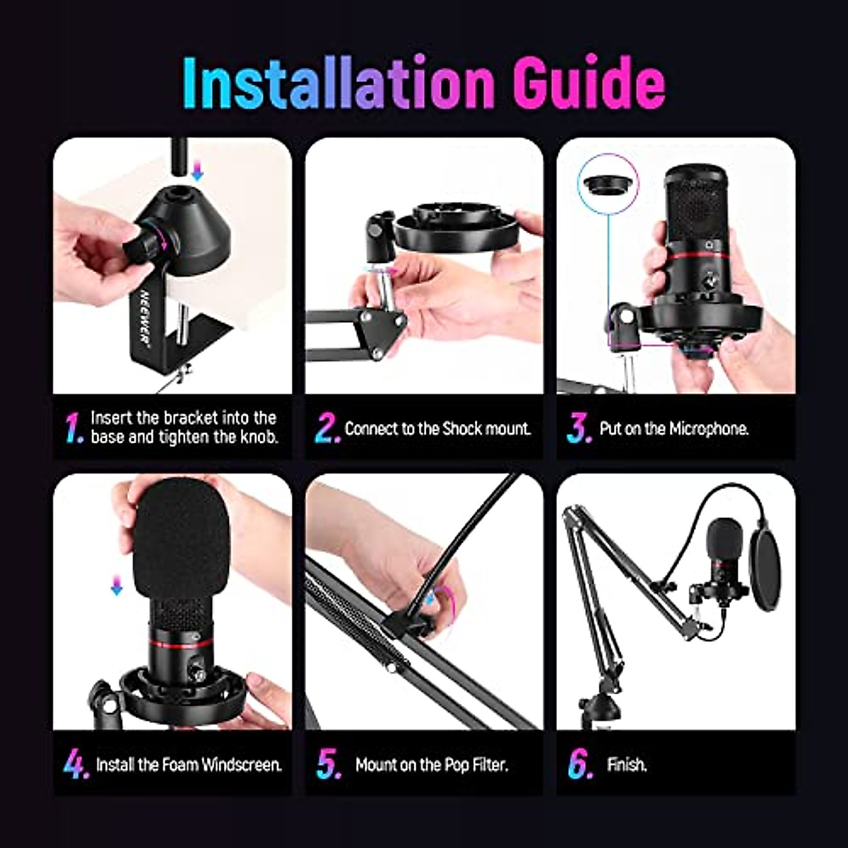 NEEWER USB Gaming Microphone, Plug&Play One Click Mute and Gain, Computer Condenser Microphone for PC MAC, Upgraded Boom Stand Shock Mount Cool Lighting for Streaming Twitch Online Chat (CM20)