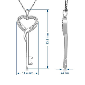 Jewelili Heart Key Necklace Pendant in Sterling Silver with Natural White Diamonds 1/10 CTTW and 18 inch Rolo Chain