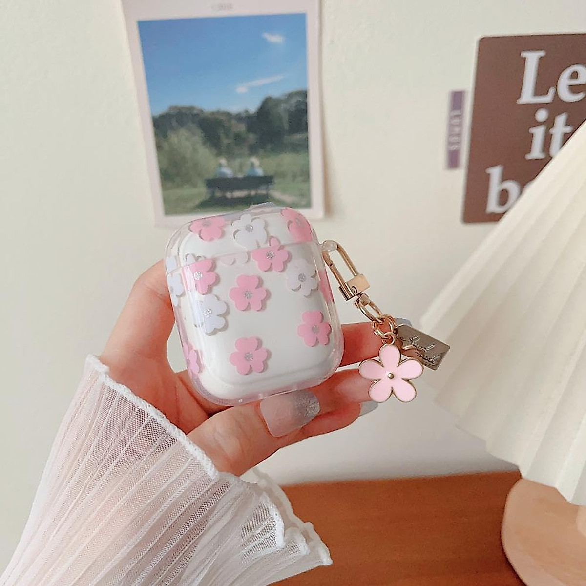 MINSCOSE Compatible with AirPods 1/2 Clear Case,Cute Cartoon Flower Pattern Design with Floral Keychain, Soft TPU Protective Shockproof Case for AirPod 1&2 for Girls Women-Pink