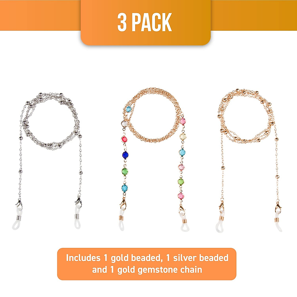 Sidelinx Glasses Chain (3 Pack) - Gold and Silver Eyeglass Chains - Glasses Strap for Women - Beaded and Gemstone 3 Pack