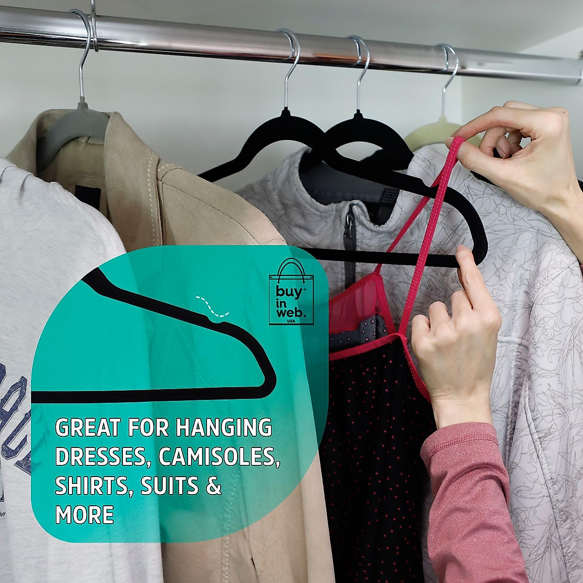 BUY IN WEB USA Black Velvet Hangers 50 Pack, Non Slip Clothes Hangers, Sturdy Space Saving Hangers for Suits, Shirts, Dresses & Jackets, Slim Velvet Hangers, Hold Up to 11lbs