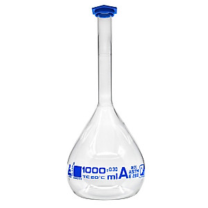 EISCO Volumetric Flask, 1000ml - Class A, ASTM - Snap Cap - Blue Graduation Mark, Tolerance ±0.300ml