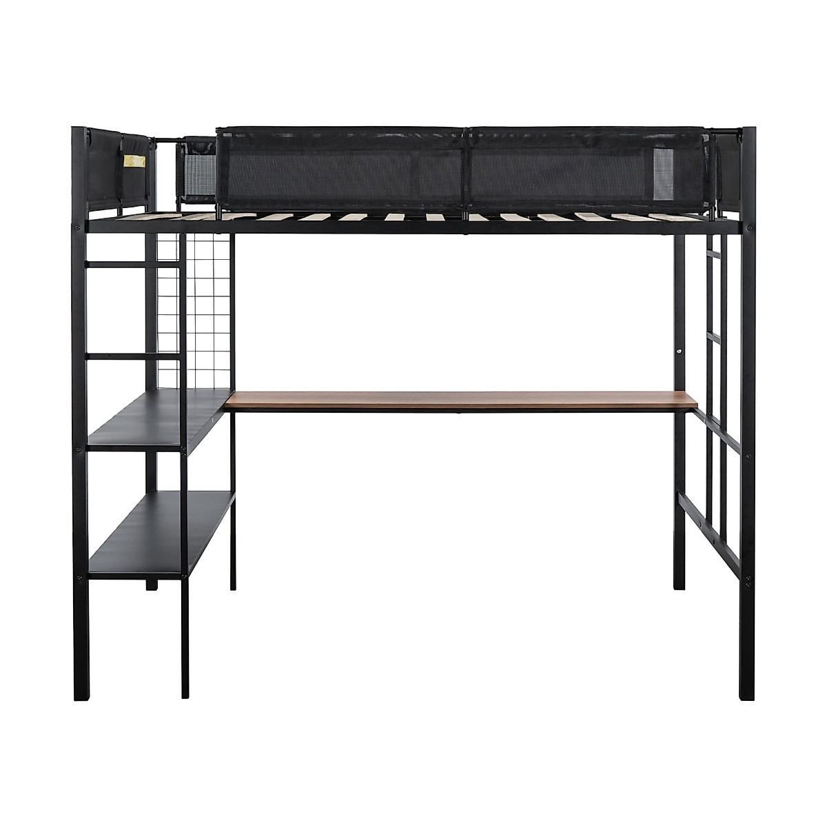 NCKMYB Metal Loft Bed with Desk and Shelves, Full Size Loft Bed with 2 Ladders and 2 Tier Shelves, for Teen Adult or Dorm, Black