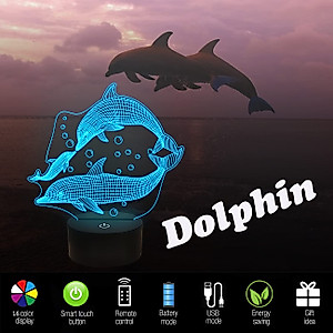FULLOSUN Dolphin Gifts, 3D Illusion Lamp, Dolphin Night Light for Bedroom Decoration Fashion Style Gifts for Birthday Xmas with Remote Control 16 Color Change + Dim Function + 4 Flash Mode