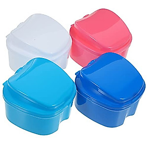 Healifty 4Pcs Denture Case Bath Case Cup Box Holder Storage Soak Container with Strainer Basket for Travel Retainer Cleaning