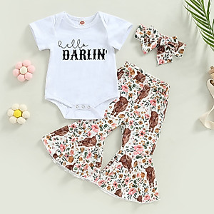 BeQeuewll Baby Girl Summer Outfit Letter Romper Flare Pants Headband Set 3Pcs Newborn Baby Clothes Girl 3 6 12 18 Months (Darling White,0-3 Months)