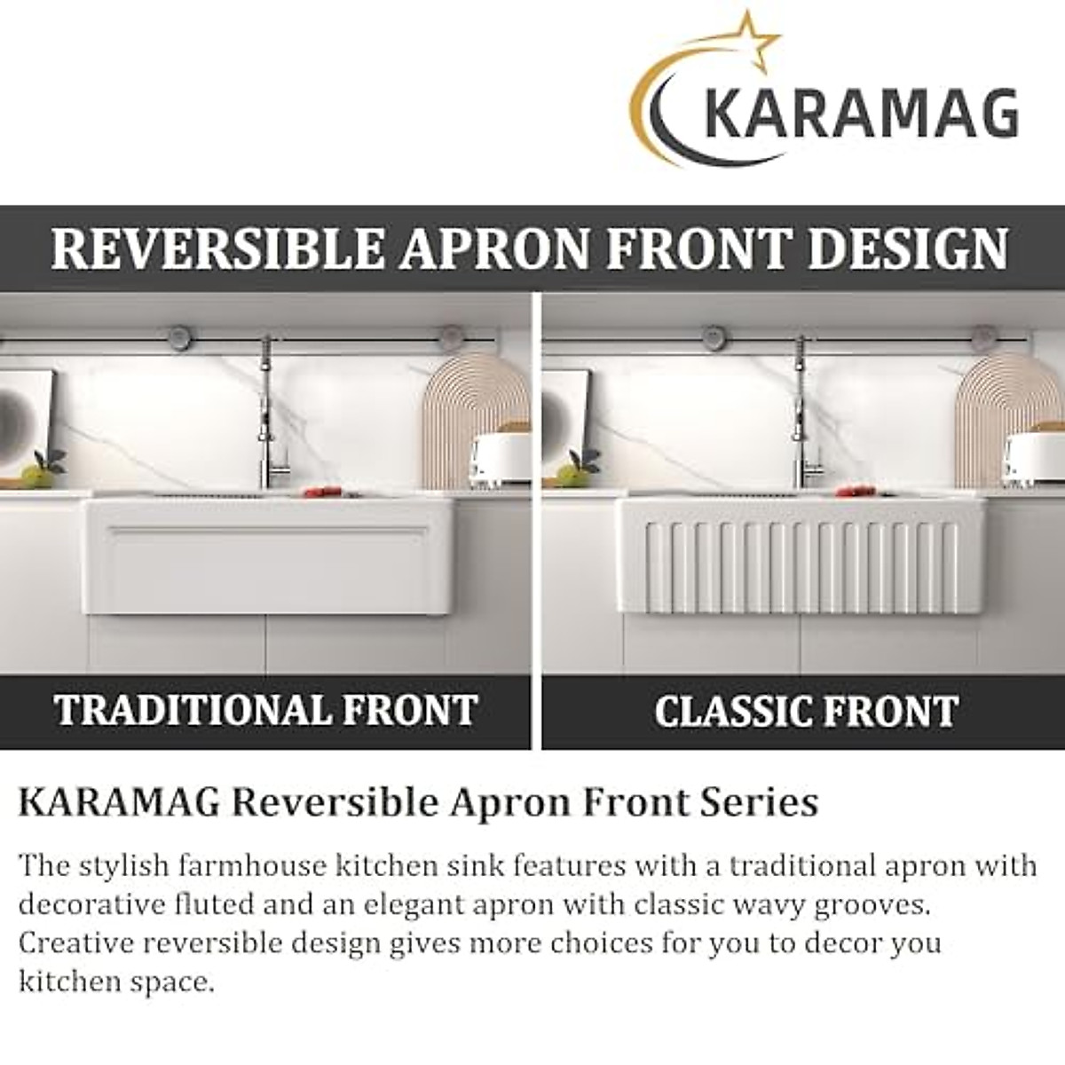 KARAMAG 33 Inch Workstation Farmhouse Kitchen Sink with Accessories, Reversible Apron-Front Single Bowl Kitchen Sink Ceramic White Farm Sinks Undermount For Kitchens