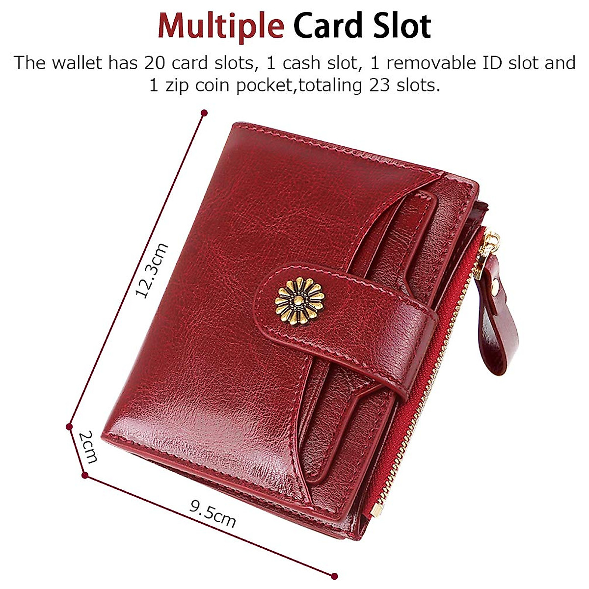 Dyeek Women Genuine Leather Wallet Short Wallet Ladies Purses Luxury Wax Leather Card Holder Large Capacity Multiple Card Position Zipper Coin Pocket(Wine Red) , Medium