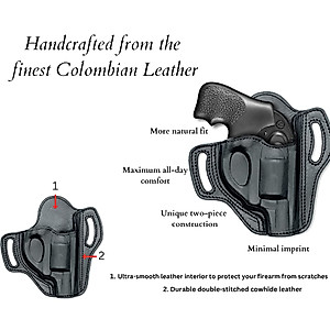 Cardini Leather OWB Leather Holster for S&W J Frame, for Ruger LCR and SP101, and Other 38 Special Snub Nose Revolver up to 2.25" Barrel- Midnight Black Right Hand