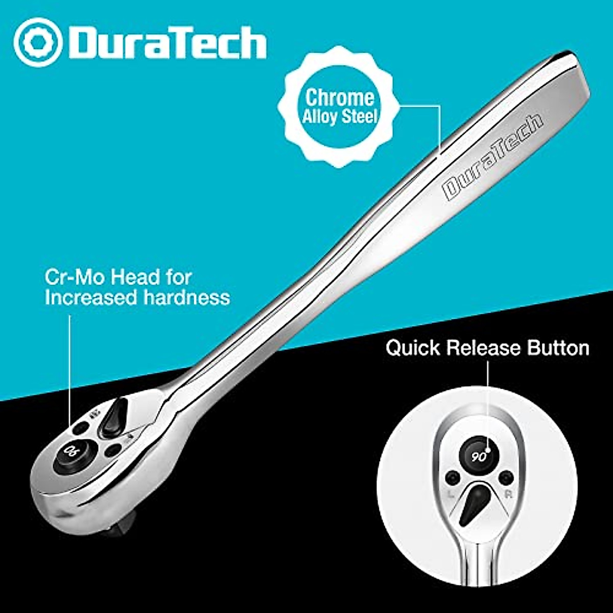 DURATECH 3-Piece Ratchet Set, 1/4", 3/8", 1/2" Drive, 90-Tooth, Quick-release, Contour Handle Designed for Better Grip, Alloy Steel, Organized in Plastic Tray