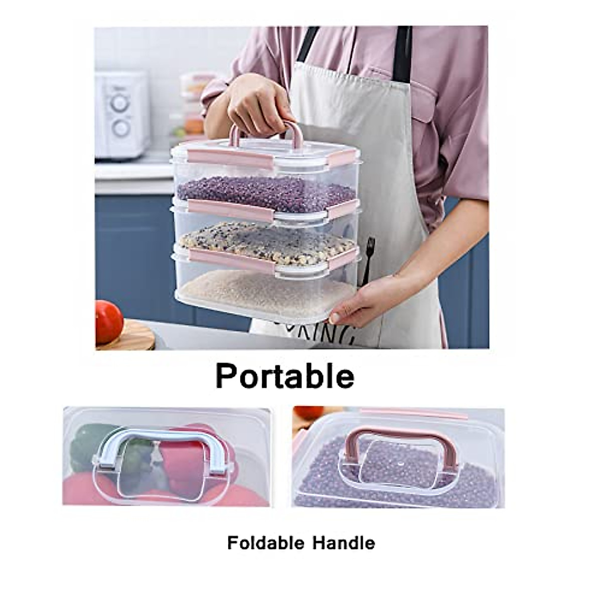 TIAN CHEN Airtight Food Storage Containers, Stackable Cookie Carriers with Handle Lid, Waterproof LeakProof Bacon Tray, 3 Layer Medium BPA Free(Pink)