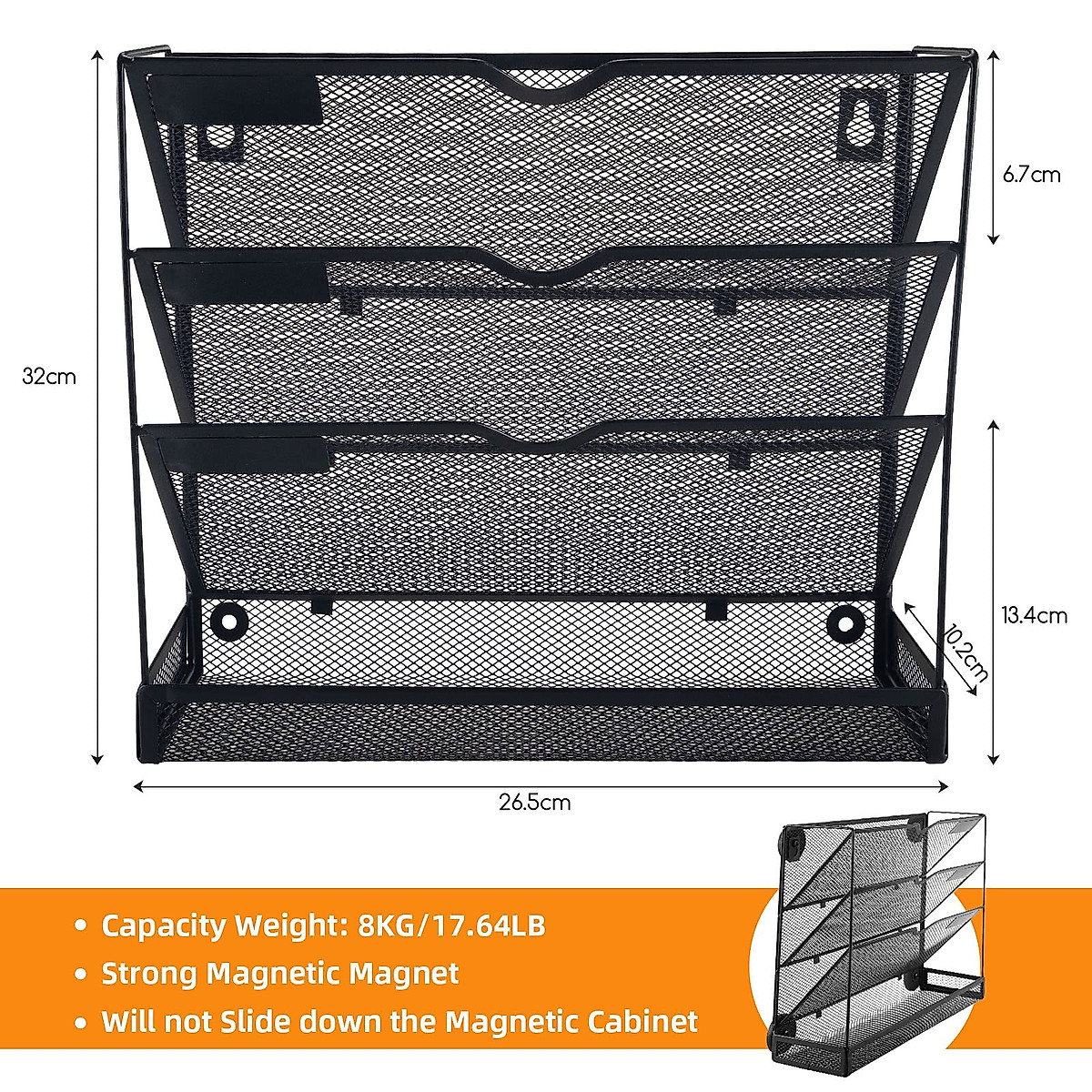 JLLOM 4 Tier Mesh Desk Organizer,Magnetic File Holder for File Cabinets,12.6inch Magnetic Paper Holder that Holds Up to 17.64Lbs Black Paper Sorter Desk Organizer for Office,Home or School