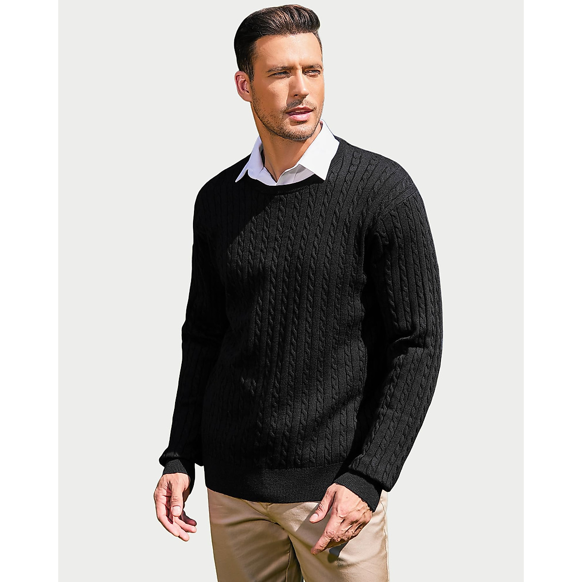 Kallspin Men's Cable Knit Crewneck Sweater Pullovers Wool blend Relax Fit Knitwear (Black, 4X-Large)