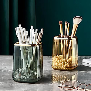 DASITON Makeup Brush Holder Organizer, Square Green Cosmetic Container Storage Holder , Vintage Stripe Make Up Brush Cup