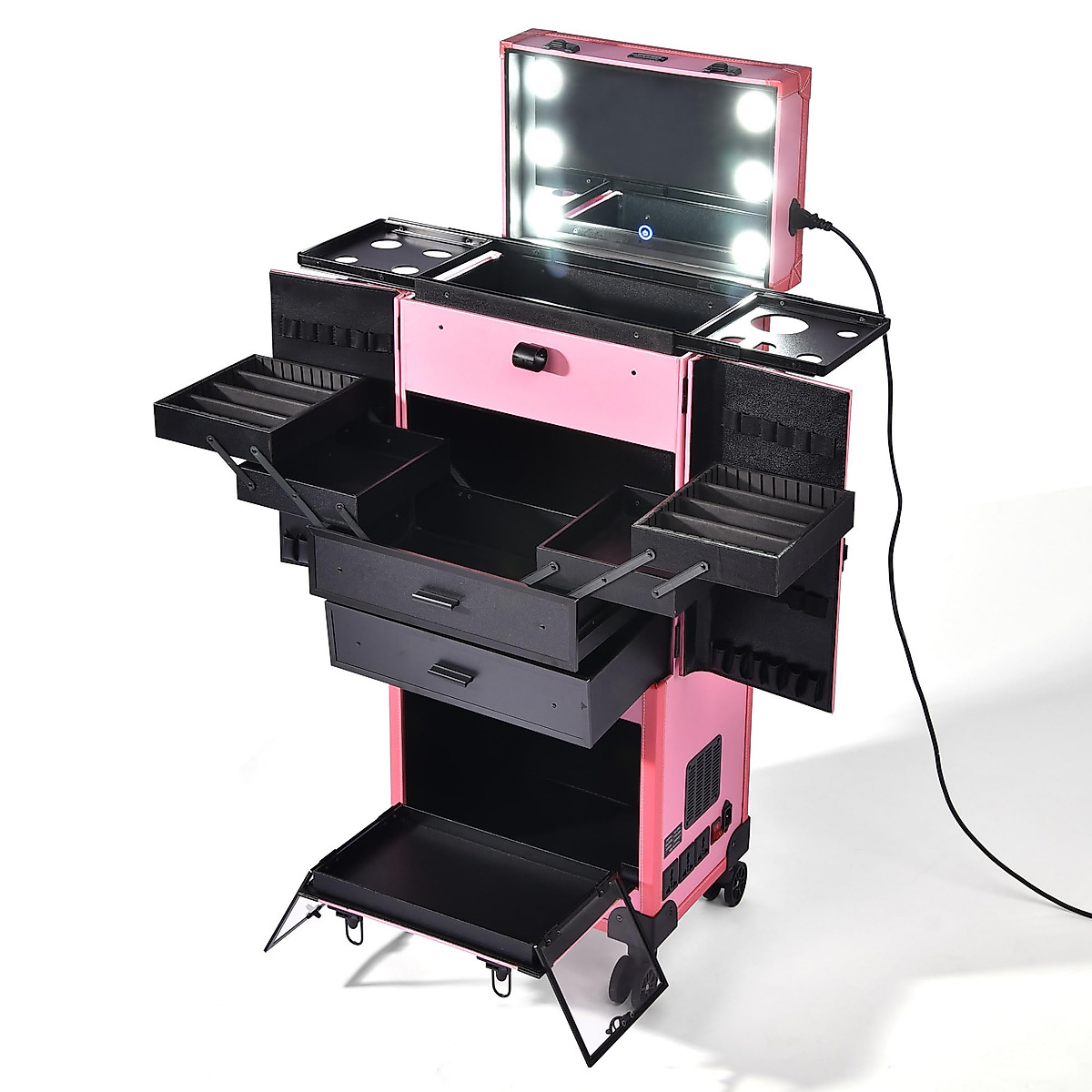 Pink Rolling Makeup Case with Mirror Light Pro Large Cosmetic Artists Hair Stylist Barber Organized Trolley Lockable