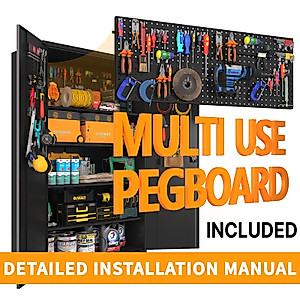 Upgraded Tall & Wide Metal Storage Cabinet with Doors & 4 Adjustable Shelves | Heavy-Duty Black Lockable Garage Cabinet with Wheels & Pegboard for Office, Gym, Basement, Warehouse (Black)