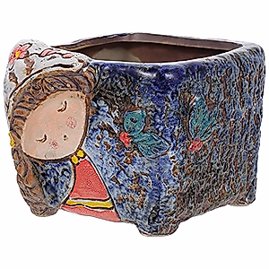 Happyyami Home Decor Outdoor Planters Pottery Succulent Planter Pot Cute Hand Painted Boy Flower Plant Pots Handicraft Bonsai Plant Vase Container for Home Office Decor Blue Indoor Planters Desk Decor