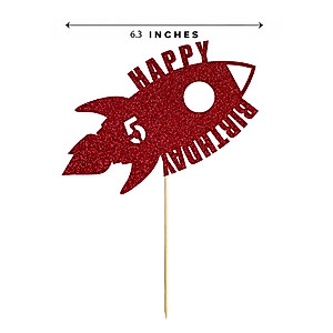 Red Rocket 5th Birthday Cake Topper, Glitter Boy Girl Space 5 Years Birthday Party Decoration
