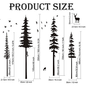 Pine Tree Wall Decals Woodland Vinyl Wall Sticker Forest Wall Decals with Animal Wall Stickers Squirrels Deers Wall Stickers for Kids Nursery Children Room Living Room Wall Decoration (Black)