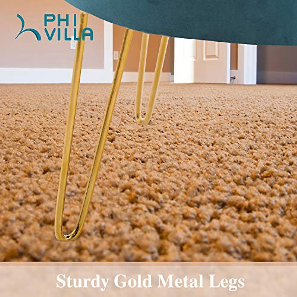 PHI VILLA Storage Ottoman,Blue Round Ottoman with Storage Box and Removable Lid, Upholstered Decorative Metal Legs Ottoman Footrest/Footstool for Living Room,Bedroom and Kids Room,Velvet,Blue