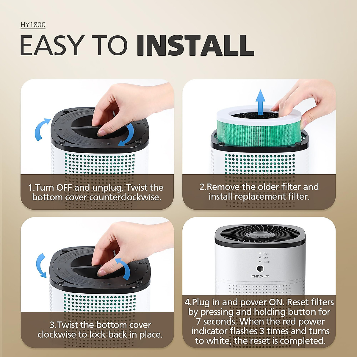 CHIVALZ Genuine HY1800 Air Purifier Replacement Filter, 3-in-1 Filtration, High-Efficiency Activated Carbon, True HEPA Filter (2 Pack)