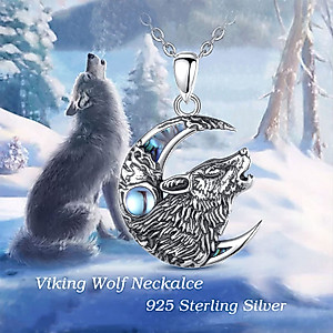 Vito Sterling Silver Wolf Moon Necklace for Women Men, Viking Wolf Moonstone Crescent Pendant Abalone Oxidized Jewelry Gifts, 18 Inch Chain