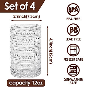 Swetwiny 4 Pack Hobnail Drinking Glasses, 12 Ounce Vintage Drinking Glasses, Old Fashioned Glassware Highball Glasses Water Glasses for Cocktail Whiskey Bear Coffee
