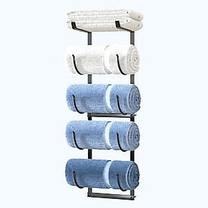 Josmimic Towel Rack for Rolled Towels: 5 Tier Towel Holder Wall Mounted in Bathroom - Matted Black 25.6 Inch