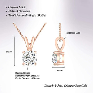 INSPEREZA NEW YORK 1/2 Carat 10K Rose Gold Round Diamond Solitaire Pendant Necklace For Women with V-bail (J Color, I3 Clarity)