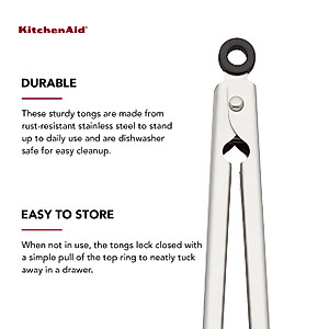 KitchenAid Gourmet Stainless Steel Serving Tongs with Hang Hook and Secure Closing Lock, 9 Inch, Stainless Steel