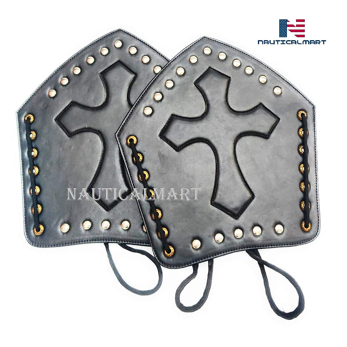 Leather Arm Guards - Medieval Cross Bracers - Black