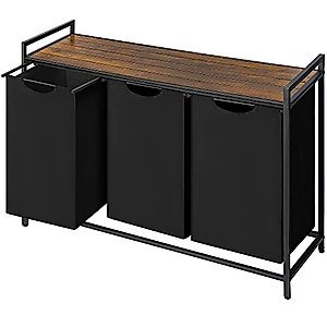 Graciadeco Pull Out Laundry Hamper 3 Compartment Laundry Sorter with Shelf 3 Section Laundry Basket with 3 x 16 Gallons Removable Bags, Black