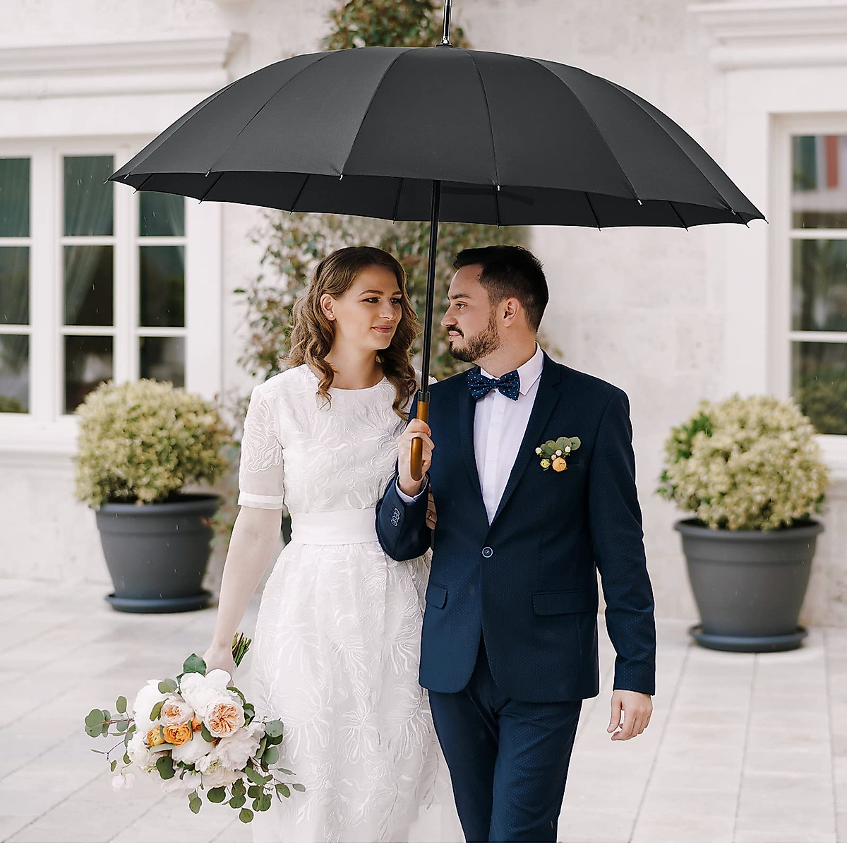 G4Free 54 Inch Large Windproof Umbrella for 2 Persons, 16 Ribs Auto Open Classic Wooden J Handle Cane Stick Golf Rain Umbrellas for Men Women Travel 120cm