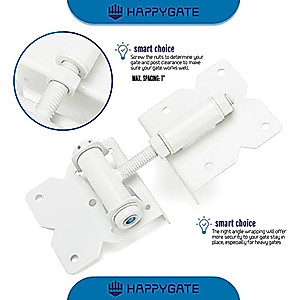 Heavy Duty Self Closing Gate Hinges Hardware Kit for Wooden Vinyl Fence 90 Degree Adjustable Gate Hinges Hardware Kit for Metal Gates with 22 Durable Screws and Swing Adjuster Tool, 2 Pack, White