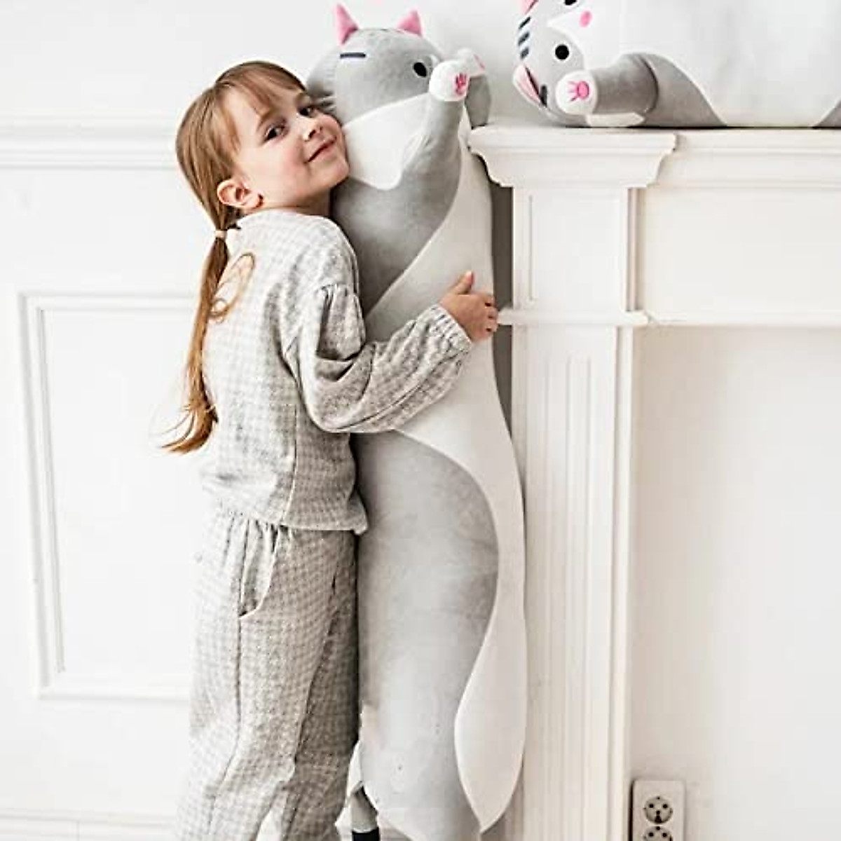 Cute SEENEEY Cat Pillow: Soft 50cm Cartoon Stuffed Animal Toy for Kids & Girls (Long Grey Cat)