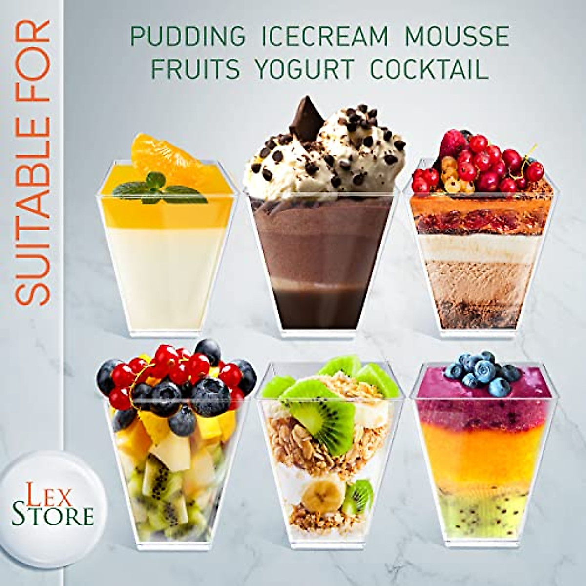 Lex Store 50 Pack 5 oz Plastic Dessert Cups with Lids and Spoons Clear Parfait Cups with Lids Mini Dessert Shooter Cups for Parties Yogurt, Fruit, Ice Cream Serve Appetizer with Vasos Para Postres