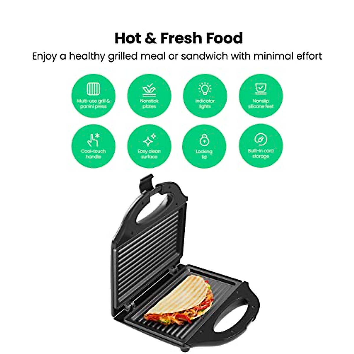 Chefman Portable Compact Grill, Dual Use Panini Press, Sandwich Maker, Electric Grill Griddle, Nonstick, Electric Indoor Grill, Countertop Panini Maker with Cord Storage, Locking Lid, Indicator Lights