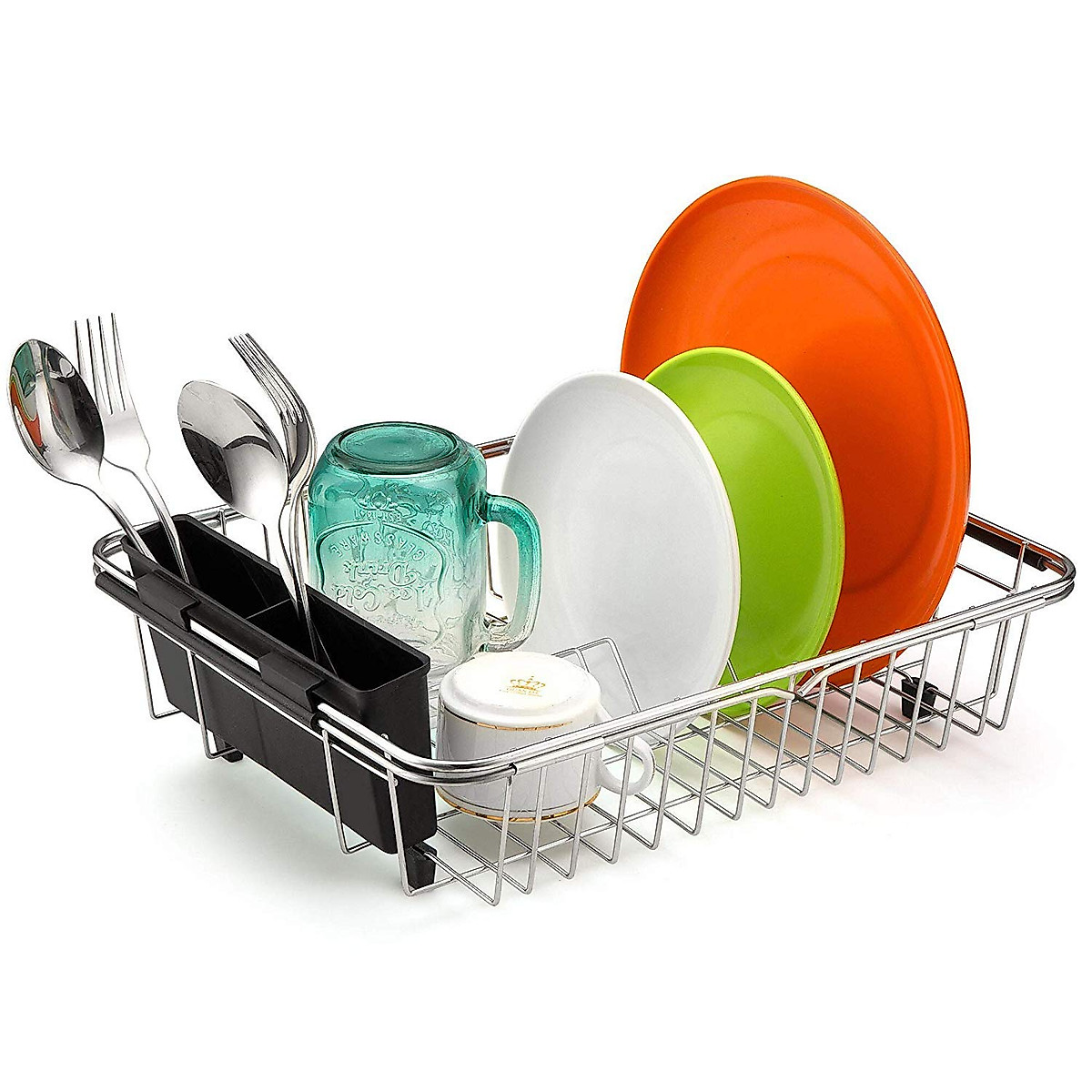 SANNO Plastic Black Utensil Silverware Storage Holder Caddy,Fit Kitchen Sink Drying Rack, Microfiber Dish Mat, Dish Drying Mat