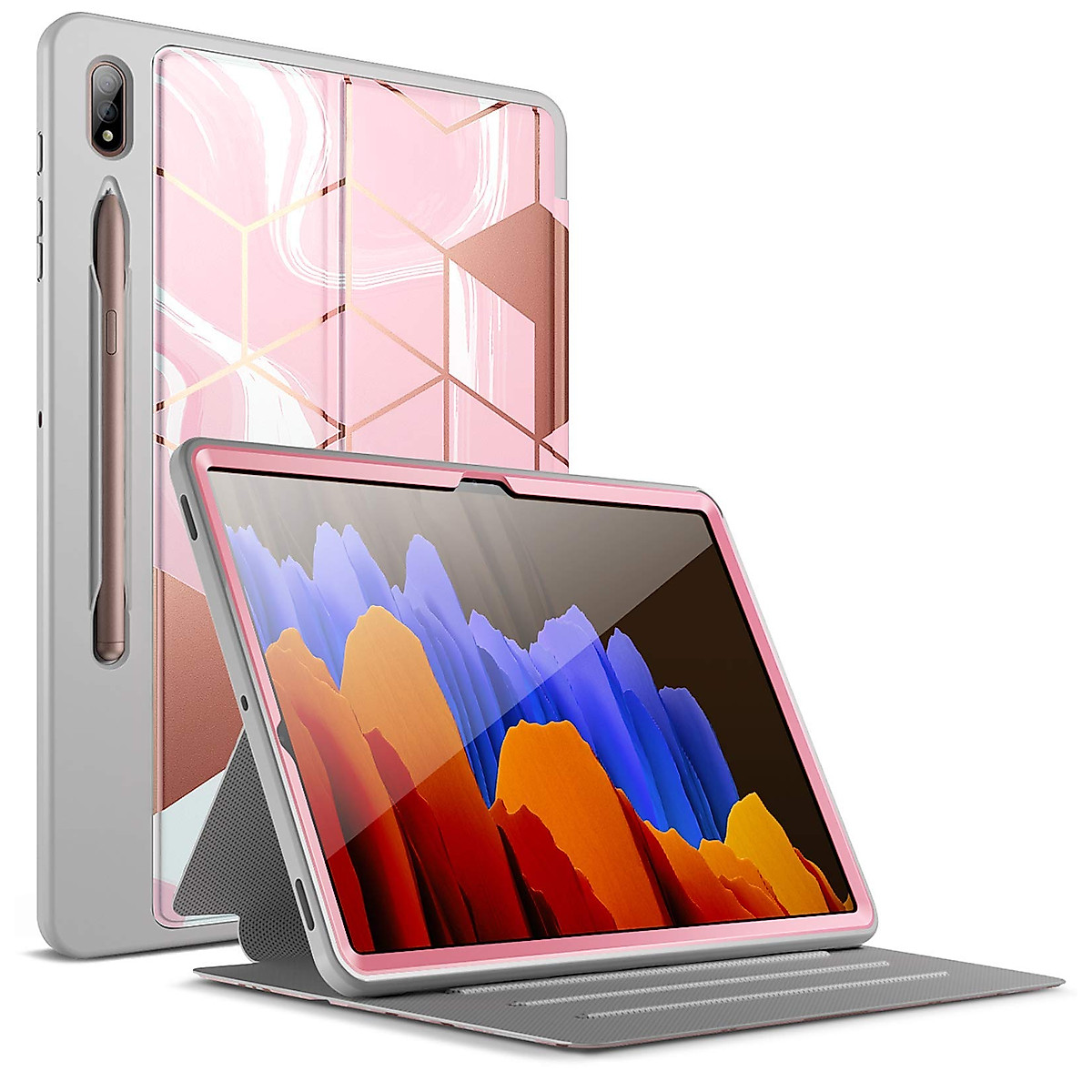 Popshine Marble Case Designed for Galaxy Tab S7 Plus / S8 Plus 12.4 Inch Tablet, Full Body Premium Protective Folio Cover with S Pen Holder, Liquid Marble Pink