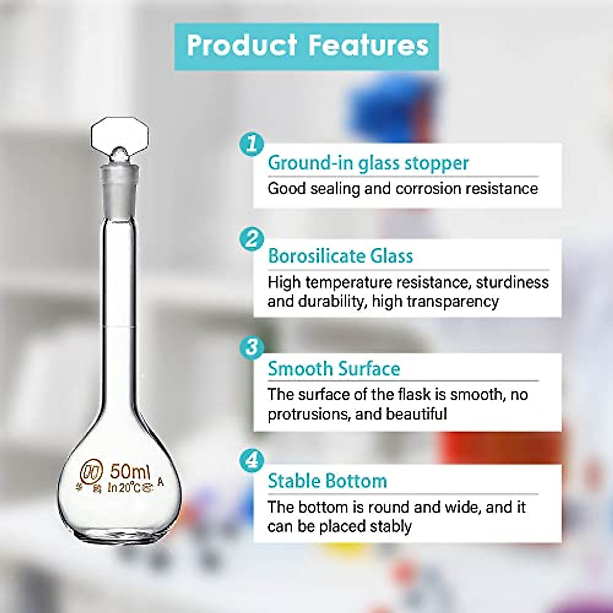 50ml Volumetric Flask with Ground Glass Stopper, Class A, 3.3 Borosilicate Glass with White Graduation, HUAOU, Pack of 2