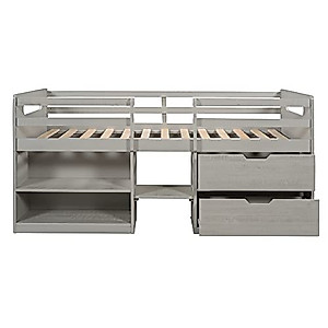 DRELOFT Twin Size Low Loft Bed with 2 Storage Shelves and 2 Drawers, Wooden Storage Bed Loftbed Frame for Kids Boys Girls Bedroom, No Box Spring Needed, Antique Gray