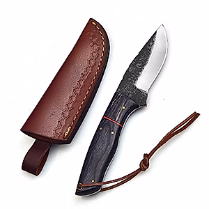ZEASNA ZE-HK-51 Handmade Carbon Steel hunting knife with Leather Sheath Outdoor Full Tang Fixed blade Bushcraft Knife, survival knife for Hunting Camping Skinning with Wood Handle (Black)