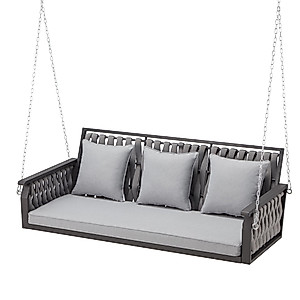 RYNSTO 3-Seat Woven Rope Hanging Porch Swing Outdoor, Metal Iron Patio Bench Swing with Cushions, Hanging Chains 850 LBS Weight Capacity for Deck, Back Yard, Lawn (4.5FT, Grey)